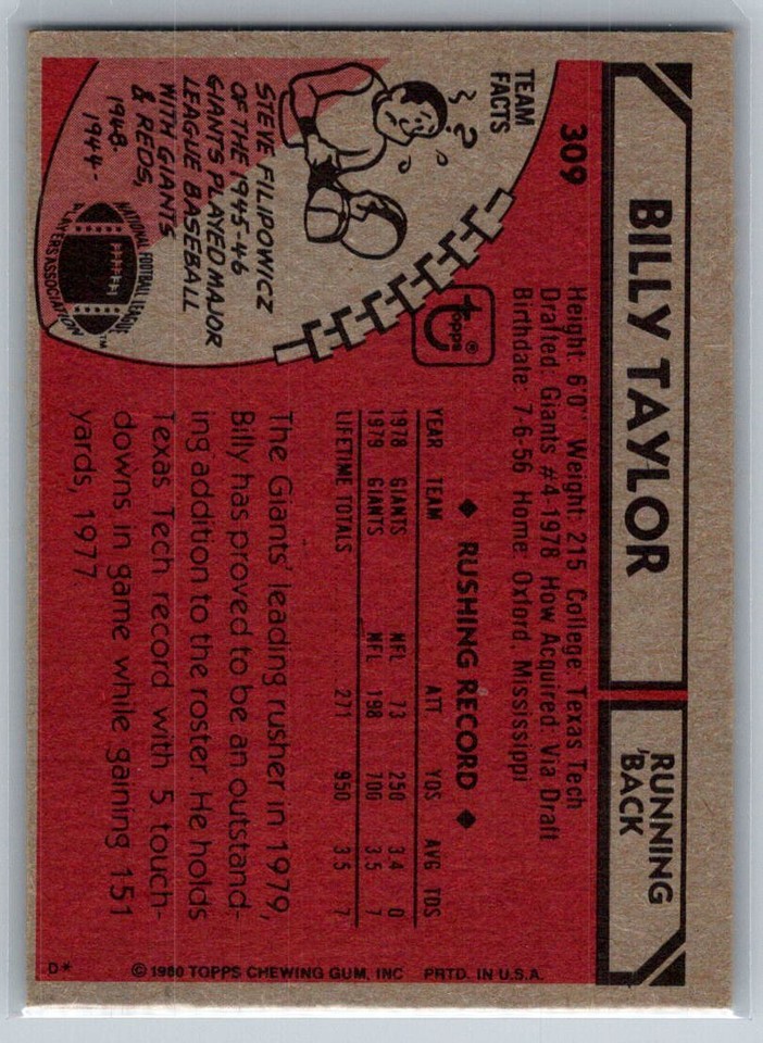 1980 Topps #309 Billy Taylor - see photos | eBay