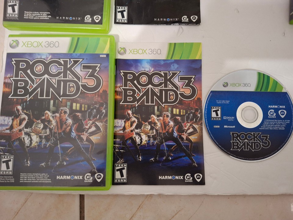 Xbox 360 Rock Band 1, 2, 3, Mic, Drum Set, Guitar, 5 Games Bundle Set ...