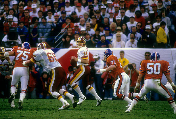 Quarterback Jay Schroeder Washington Redskins drops back to Football ...