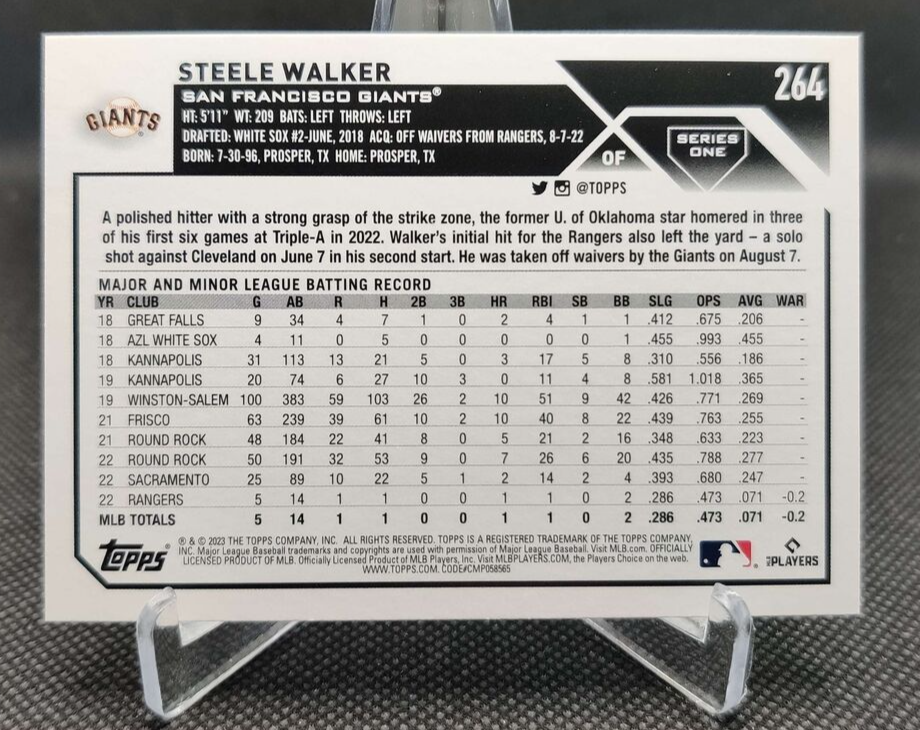 2023 Topps Series 1 #264 Steele Walker Rookie San Francisco Giants ...