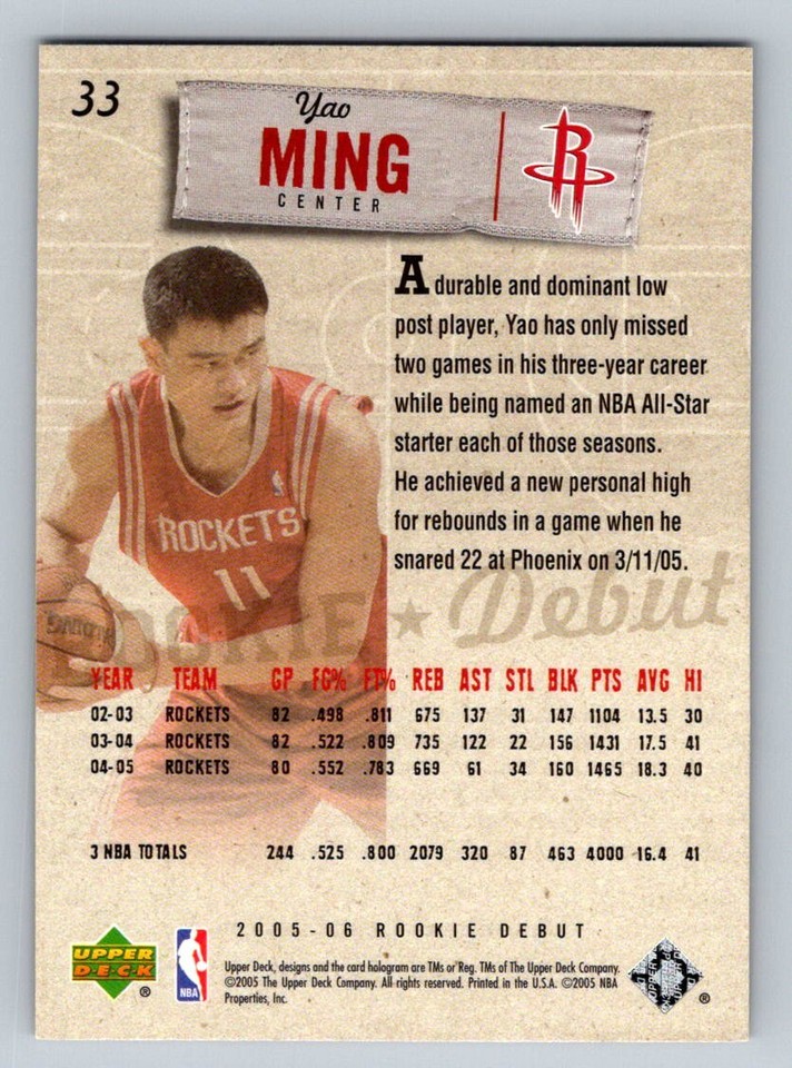2005-06 Upper Deck Rookie Debut #33 Yao Ming | eBay