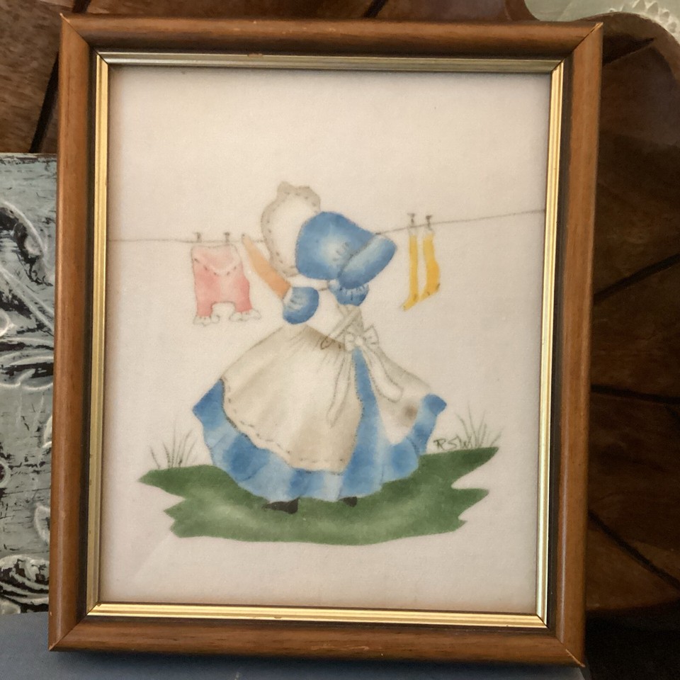 Ruth S Warner Original Theorem Folk Art Painting Girl Hanging Laundry ...