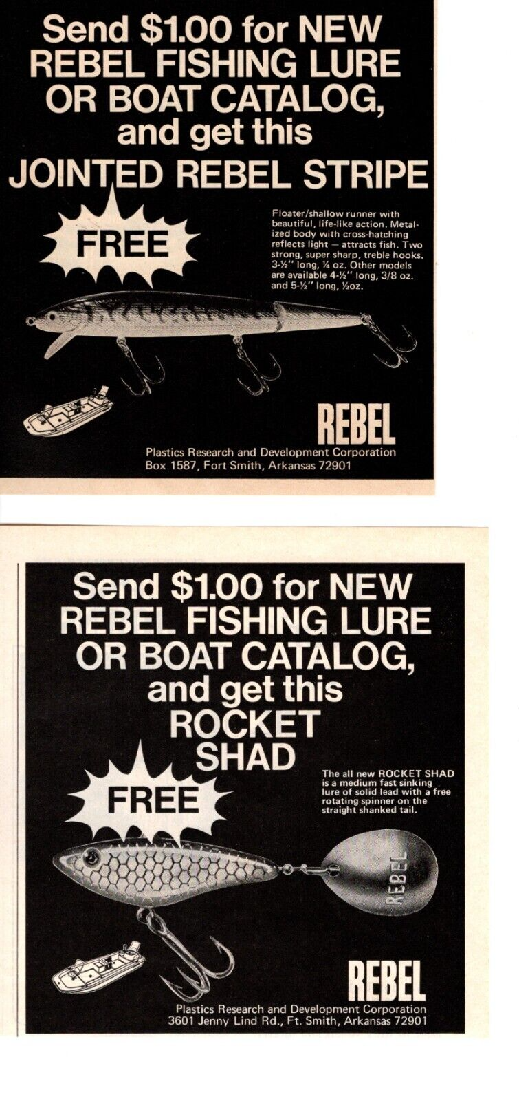 1972 REBEL FISHING LURE PRINT ADS (2) ROCKET SHAD, JOINTED REBEL STRIPE ...