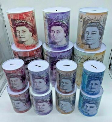 Money Box Tin £5 £10 £20 £50 Pound Note Design Kids Saving Cash PIggy ...