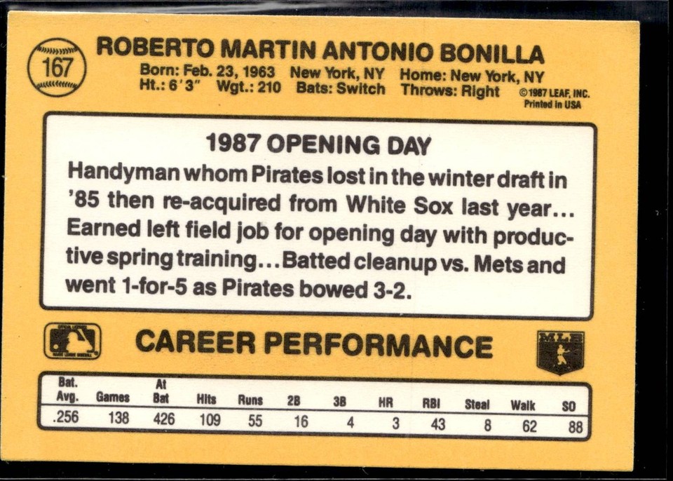 1987 Donruss Opening Day Bobby Bonilla Pittsburgh Pirates #167 | eBay