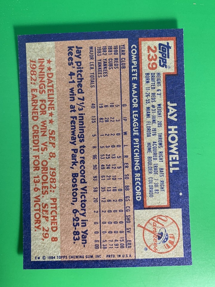 1984 Topps Jay Howell #239 New York Yankees | eBay