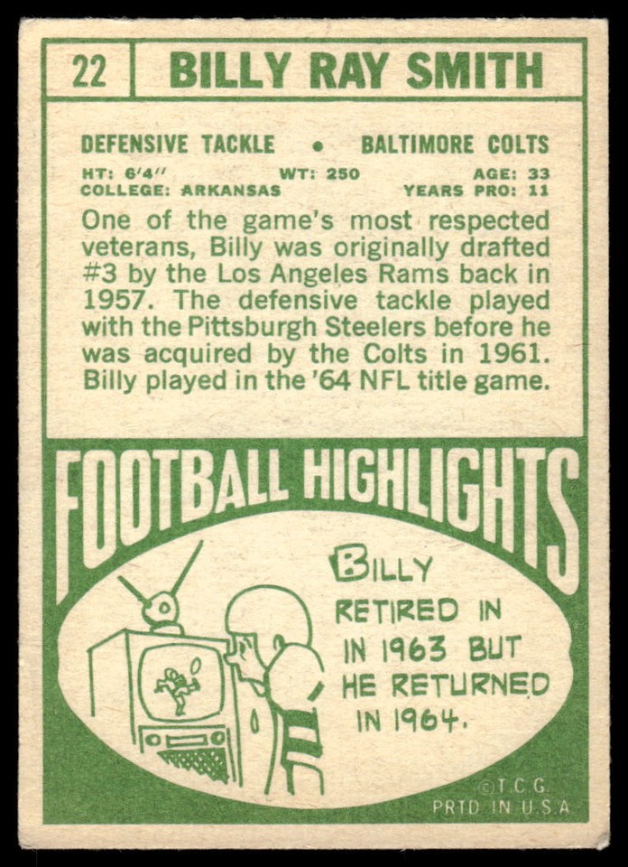 1968 Topps Billy Ray Smith #22 Baltimore Colts Football Card | eBay