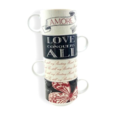 Pier 1 Stackable Coffee Mugs Set of 4 Porcelain LOVE AMORE Espresso Cup 6.8 oz | eBay
