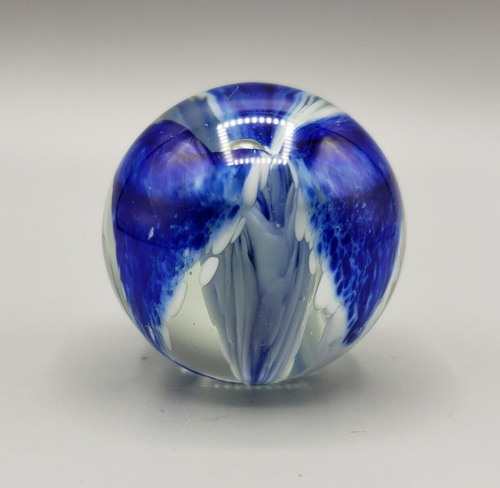 Art Glass Paperweight Small Sphere Blue White Flower with Controlled ...