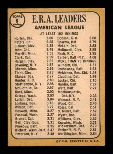 1968 Topps #8 Joe Horlen/Gary Peters/Sonny Siebert AL ERA Leaders EX+ ...
