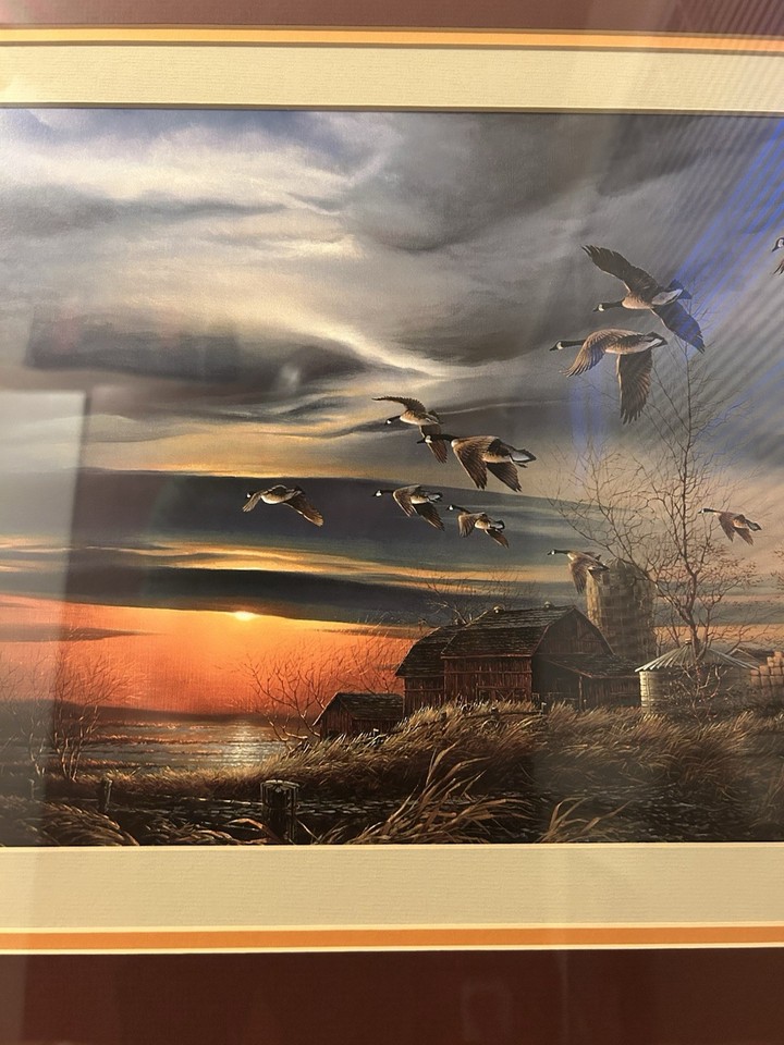 TERRY REDLIN PRINT ‘SILENT SUNSET’ Wildlife Geese Pond Red Barn Framed ...