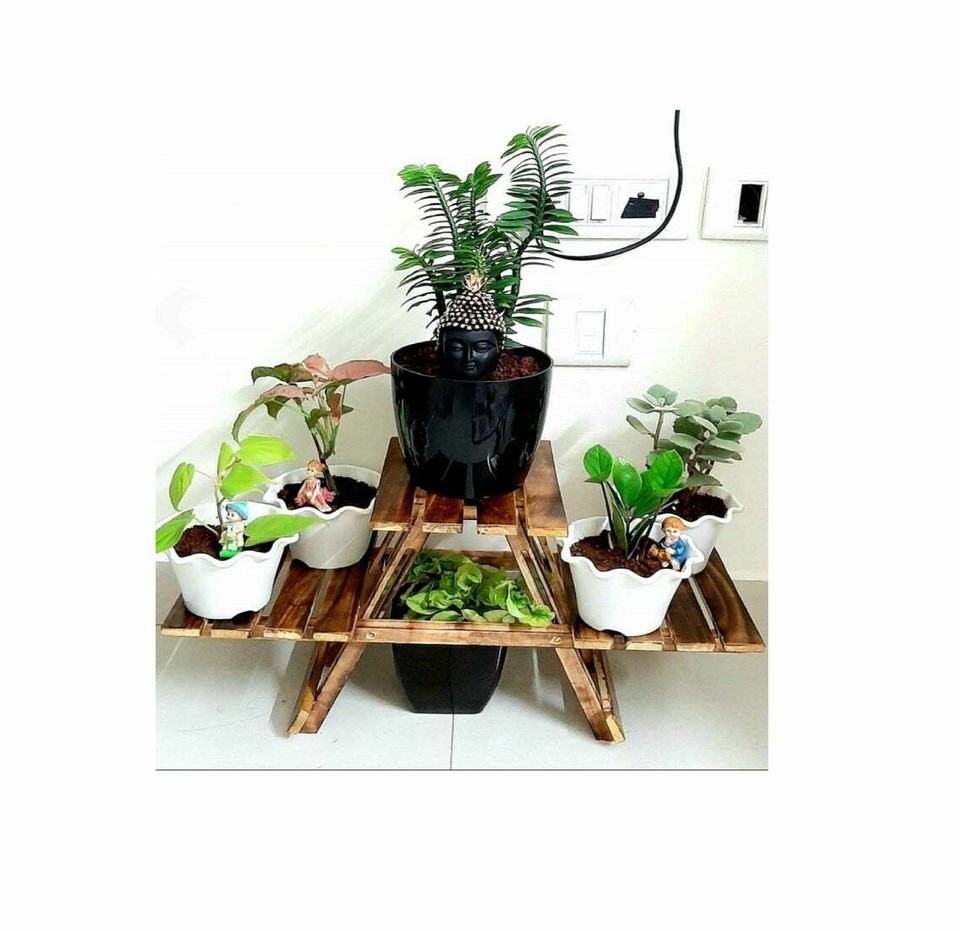 Wooden Stool Multipurpose: Folding Rack Plant Stand Brown 3 Decks ...