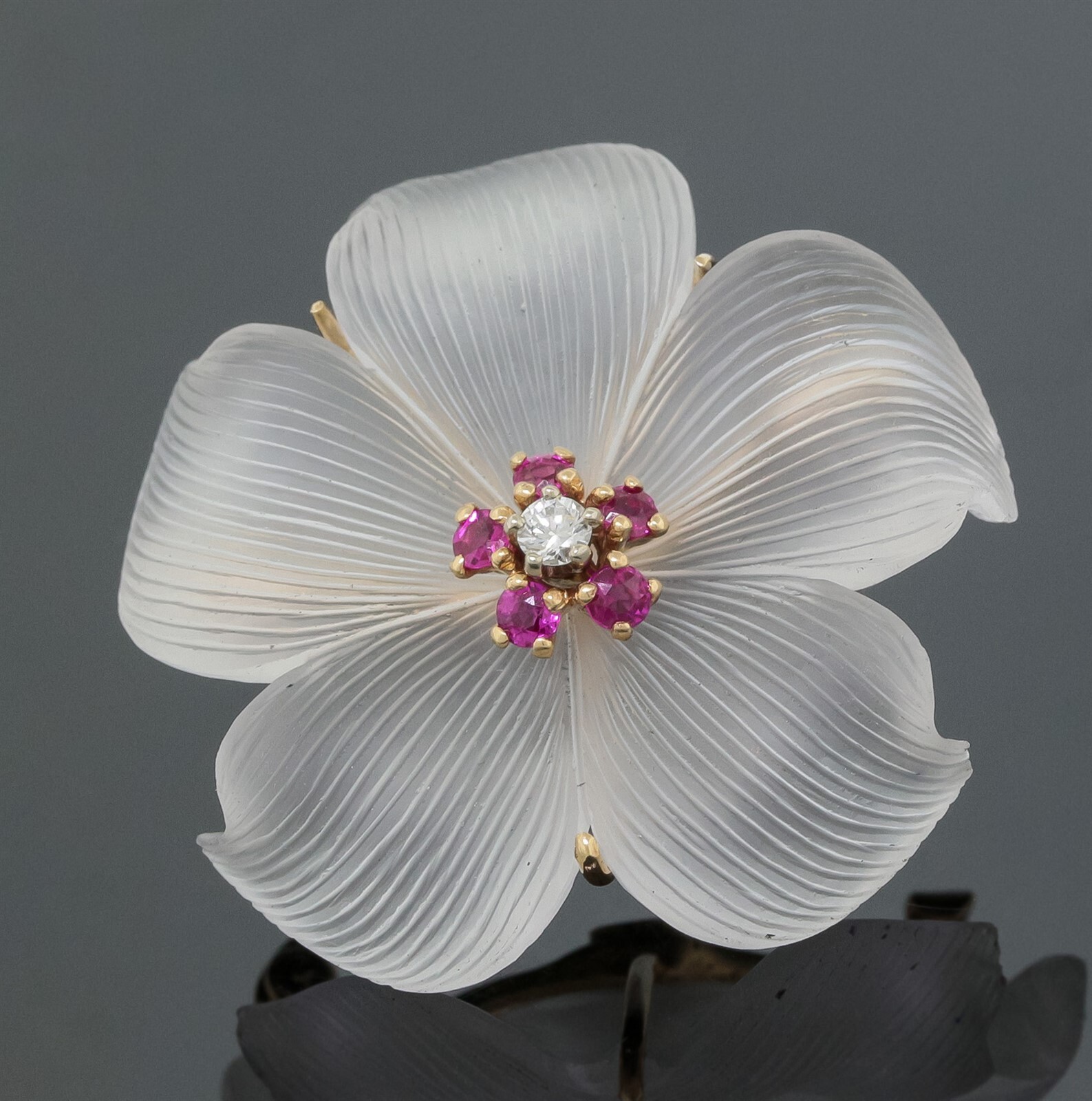 Tiffany & Co. Diamond, Ruby, & Carved Rock Crystal Flower Brooch 14K ...