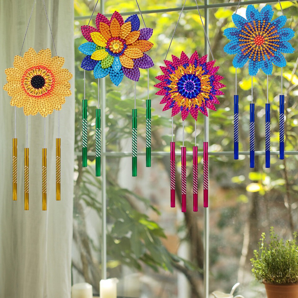4Pcs Acrylic Flower Diamond Painting Wind Chimes Crystal Wind Chimes ...