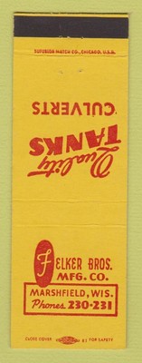 Matchbook Cover - Felker Bros Manufacturing Tanks Culverts Marshfield ...