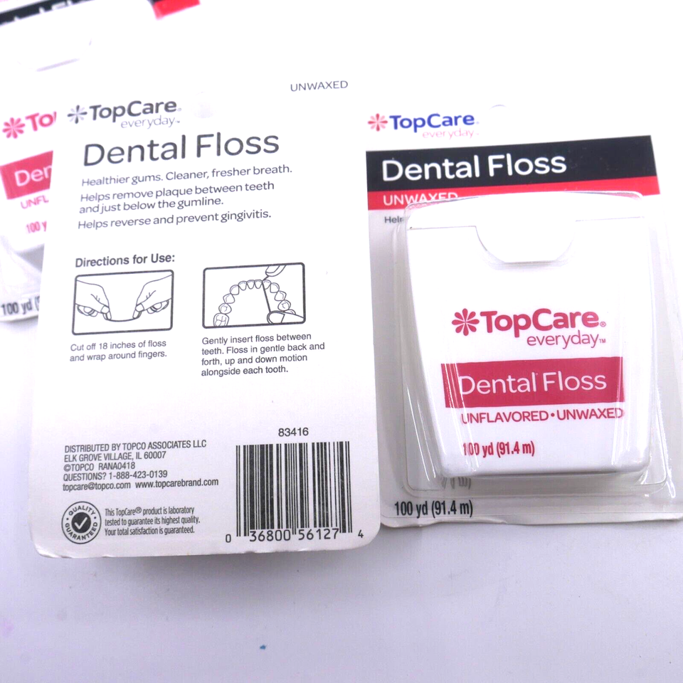Lot of 3 TOPCARE Unwaxed Unflavored DENTAL FLOSS 100 Yards Each ...