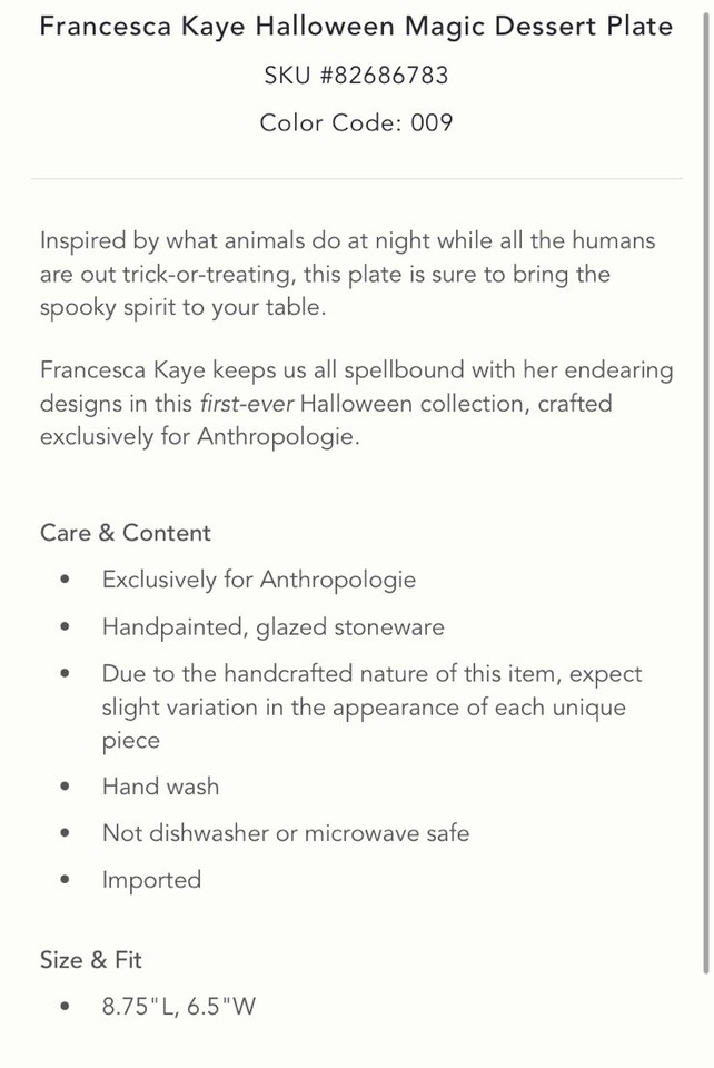 New Anthropologie Francesca Kaye Halloween Magic Cat Dessert Plate NIB ...