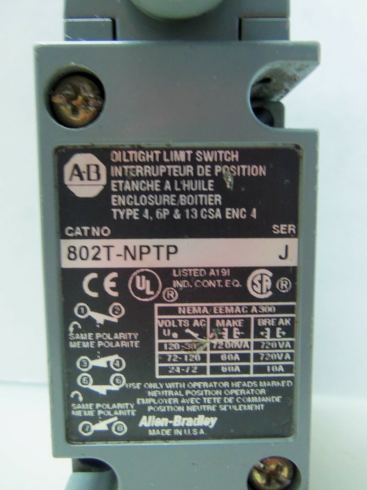Nice Allen Bradley 802T-NPTP Oiltight Limit Switch 802TNPTP Series J | eBay