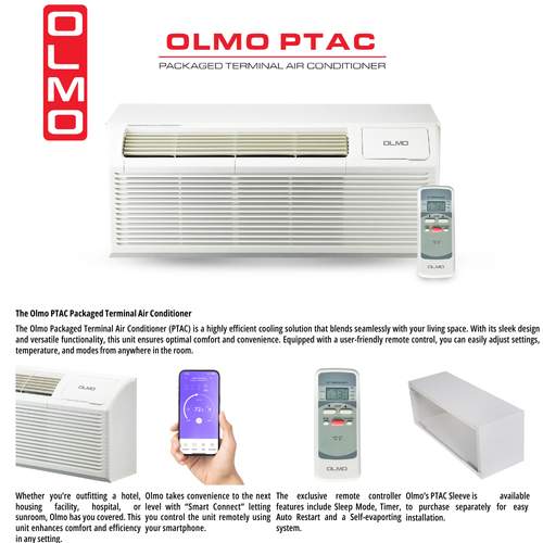 OLMO 15000 BTU Smart PTAC AC/Heat 230V Through Wall Remote Control ...