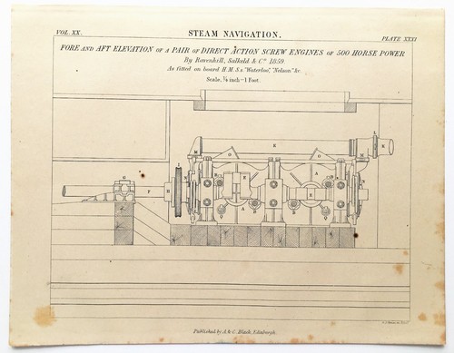 STEAM ENGINE, NAVIGATION, SHIPS, NAUTICAL - 1850 Antique Print B/W ...