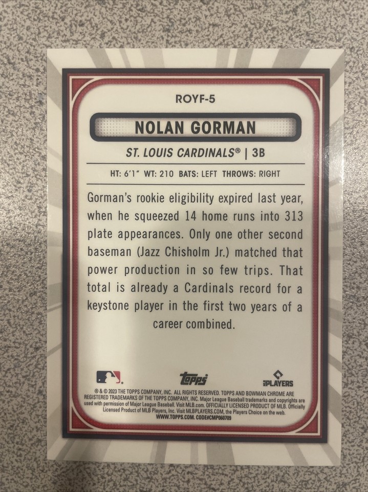 2023 Bowman Chrome Nolan Gorman ROY Favorites Rookie RC #ROYF-5 ...