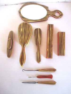 Vtg. 9 Piece Bakelite Vanity Set Brown Marble Swirl & Orange Mirror ...