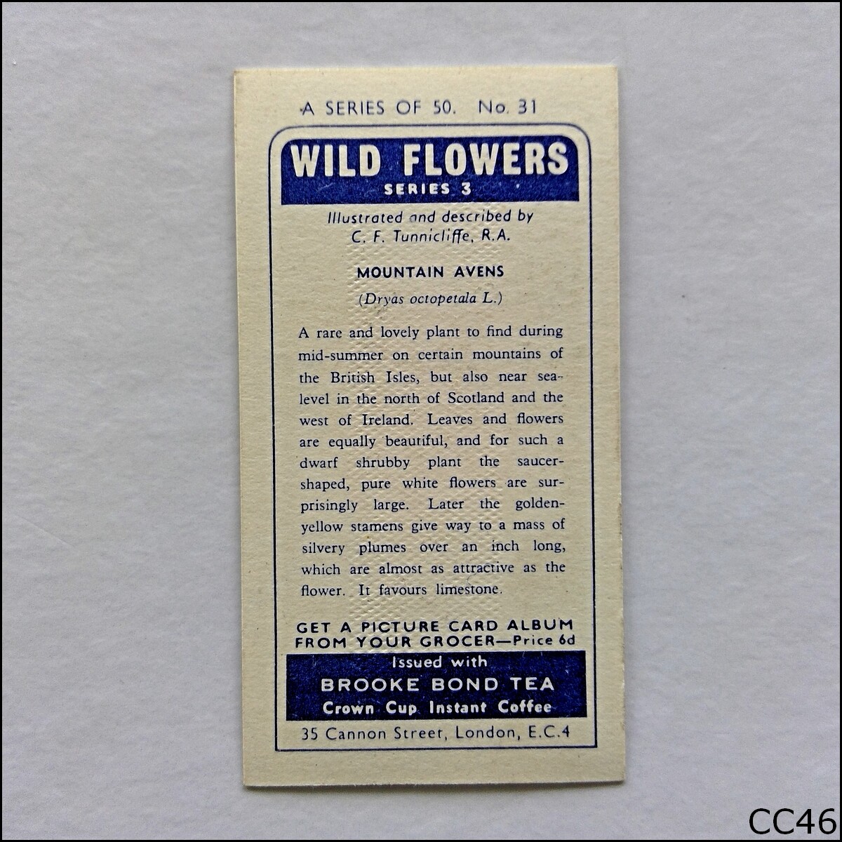 Brooke Bond Tea Card Wild Flowers Series 3 1964 #31 Mountain Avens ...