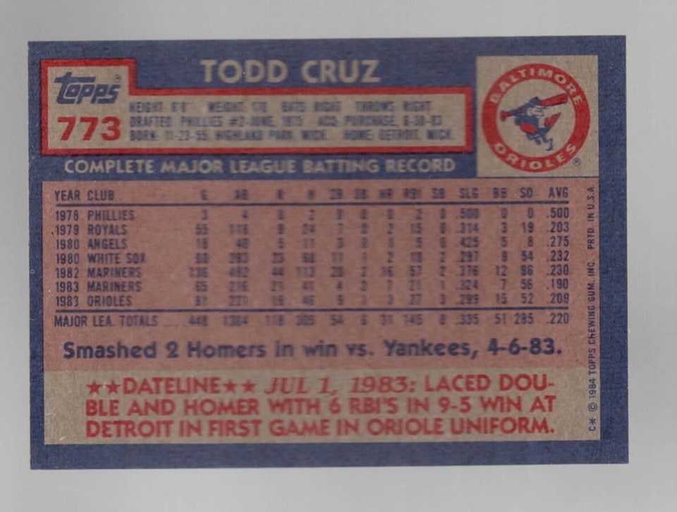 1984 Topps #773 Todd Cruz NM/Mint | eBay