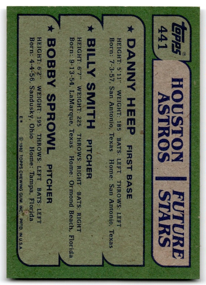 1982 Topps Astros Future Stars - Danny Heep/Billy Smith/Bobby Sprowl ...