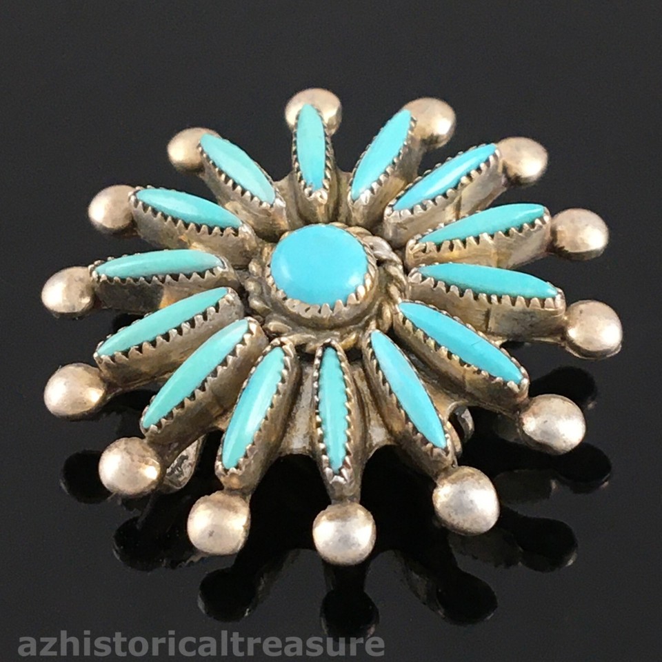 NATIVE AMERICAN ZUNI HANDMADE STERLING SILVER TURQUOISE NEEDLEPOINT PIN ...
