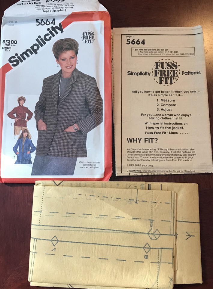 Simplicity 5664 Sewing Pattern Size16 Uncut 1982 Jacket Plaid Fuss Free ...