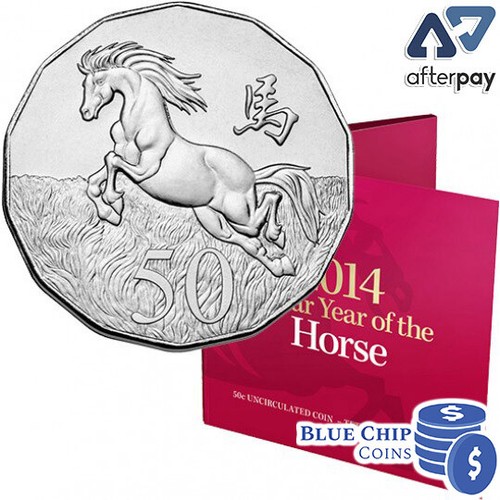2014 UNC 50c Lunar Year of the Horse Tetra-Decagon Coin in Red Folder ...