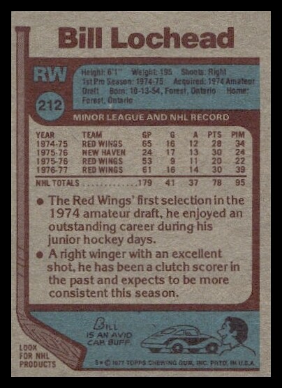 1977 Topps #212 Bill Lochead Detroit Red Wings Hockey card NM+ | eBay