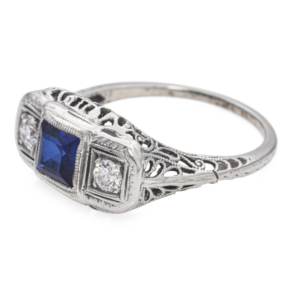 Art Deco 17k White Gold Filigree Diamond and Sapphire Ring | eBay