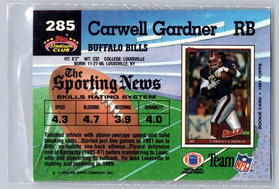 1992 TOPPS STADIUM CLUB CARD # 285 Carwell Gardner - Buffalo Bills | eBay
