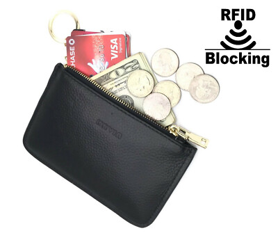 IXYVIA RFID Blocking secure Leather Zip Coin Purse with keychain Black ...