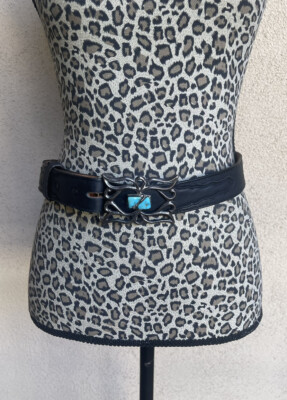 NAVAJO STERLING SILVER TURQUOISE SAND CAST BELT BUCKLE LEATHER BLACK ...