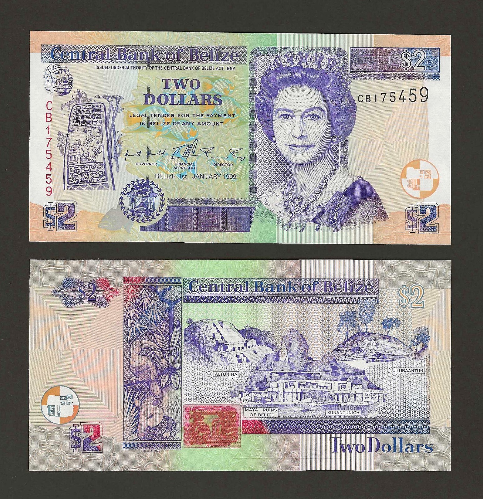 BELIZE 2 Dollars 1999, P-60a, Prefix CB, Old Date, QEII Note, Original ...