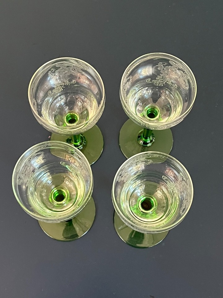 ANTIQUE SET 4 WINE GLASSES URANIUM GREEN STEMS FLORAL ETCH UNK11560 ...