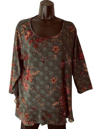 Roz & Ali Top Women 1X Green Floral Stretch Knit Scoop Neck Flowy ...