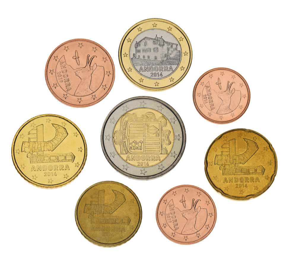 Andorra set of 8 euro coins 2014-2019 UNC 1, 2, 5, 10, 20, 50 cents, 1 ...
