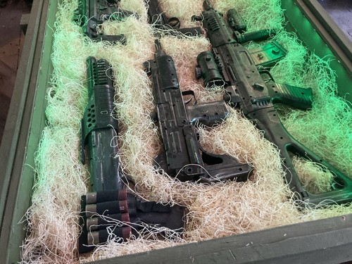 !! EPIC. !! Gun arsenal coffee table with plexiglass top and LED lights ...