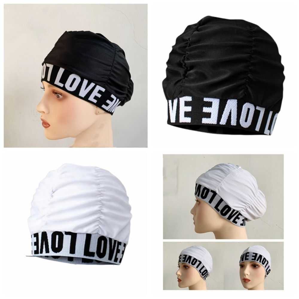 Pleated Love Printed Swimming Cap Protect Long Hair Ears Caps Long ...