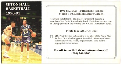 Seton Hall Basketball 1990-91 Big East Tournament Ticket with Attached ...