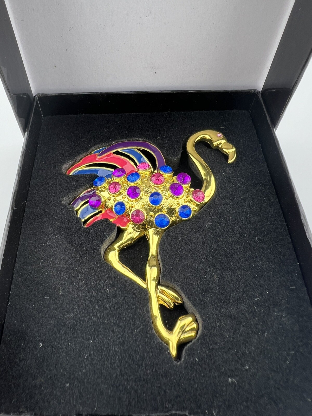 FOX Figural Enameled FLAMINGO BROOCH Pin Violet Blue Rhinestones ...