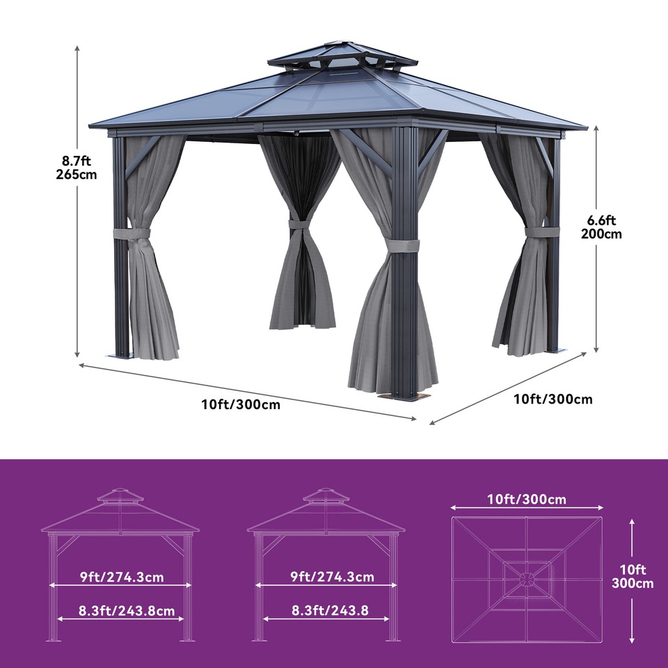 Hardtop Gazebo, Outdoor Canopy With Polycarbonate Double Roof for Patio ...