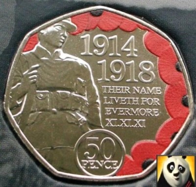 2018 ISLE OF MAN 50p Pence Coloured Armistice Day WW1 Remembrance Poppy ...