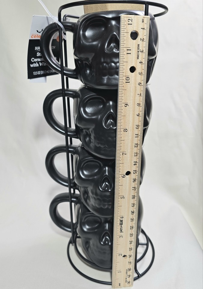 9 Piece Skull Head Mugs w/Stand & Skeleton Appetizer Plates Set Black ...