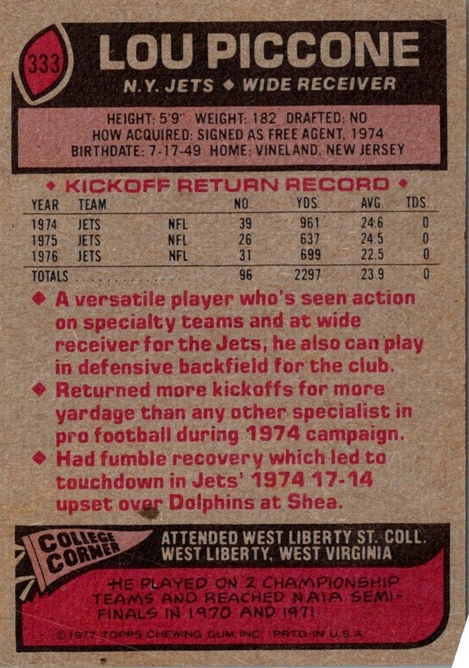 1977 Topps Lou Piccone #333 New York Jets Football Card | eBay