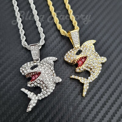 Hip Hop Iced 6ix9ine SHARK Pendant & 4mm 24" Rope Chain Fashion Bling ...